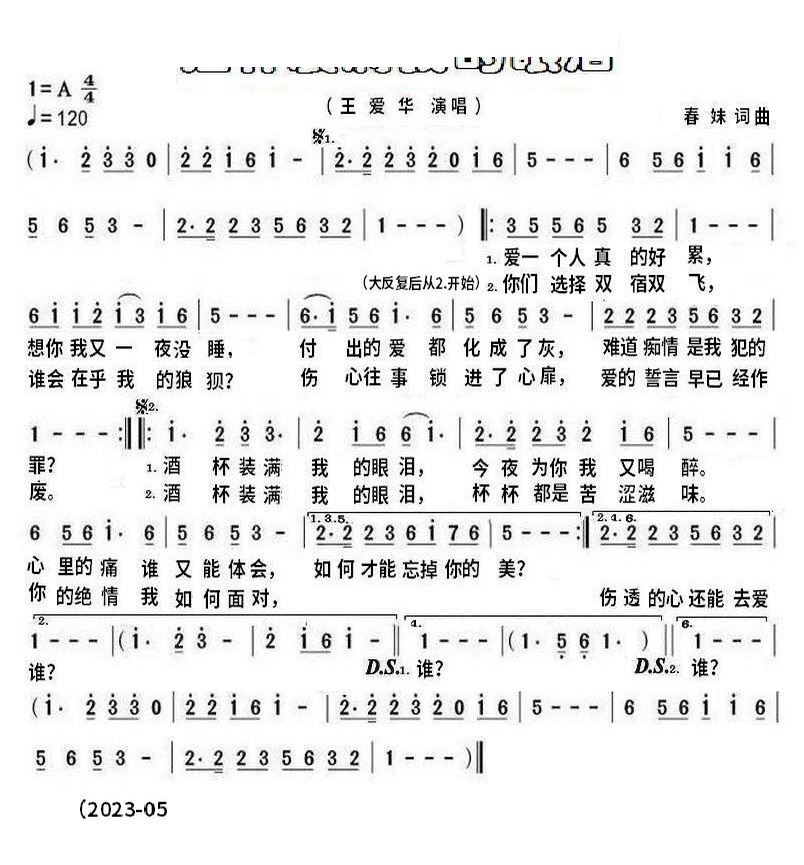 酒杯装满我的眼泪mp4 Dj默涵版 王爱华 歌谱 简谱