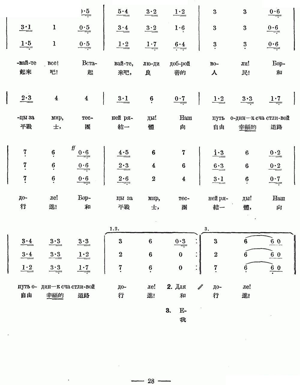 保卫和平战士之歌 中俄文对照 合唱 歌谱 简谱